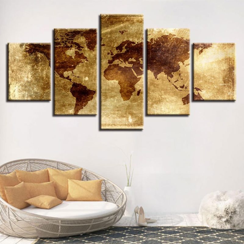Retro World Map - Abstract 5 Panel Canvas Art Wall Decor - Hot Sale 2025
