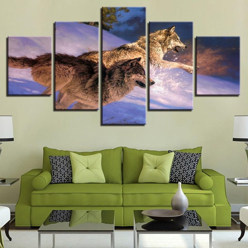 Two Wolves Running In The Snow - Animal 5 Panel Canvas Art Wall Decor ...